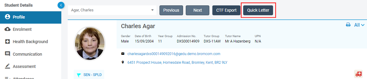 How to use Quick Letter – Bromcom – Documentation Centre