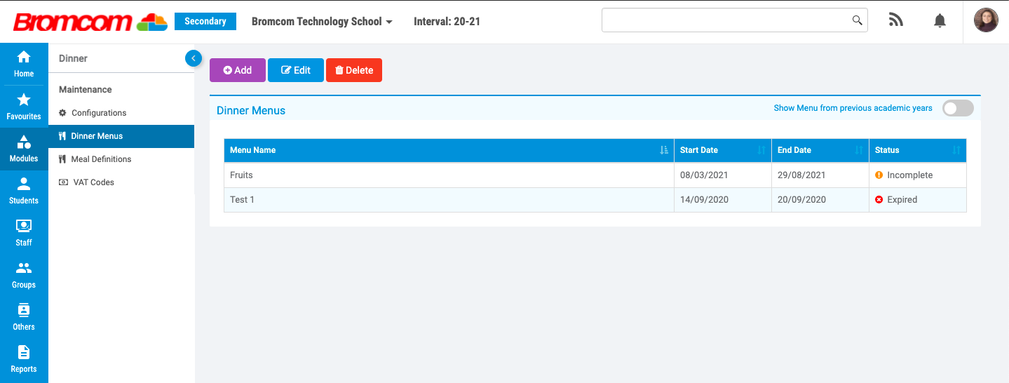 How to create a MyChildAtSchool Dinner Menu – Bromcom