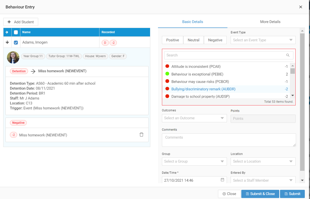 How to Record a Behaviour Event for a Student – Bromcom – Documentation Centre