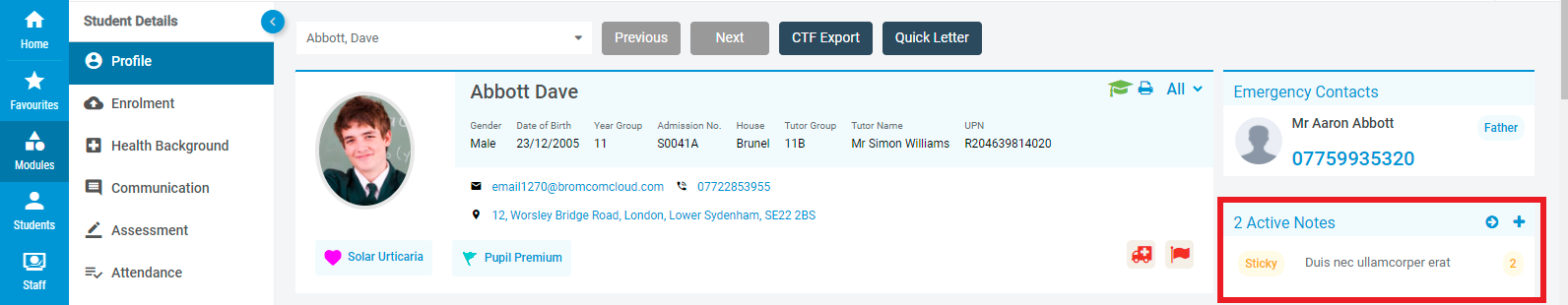How to use Quick Icons on Student Record – Bromcom – Documentation Centre