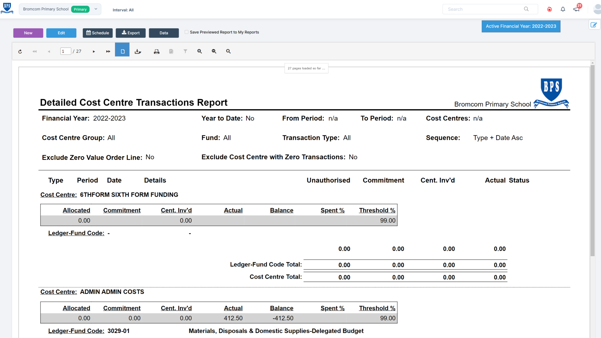 Detailed Cost Centre Transactions Report – Bromcom – Documentation Centre
