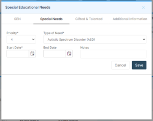 How to add SEN Information to a Student – Bromcom – Documentation Centre