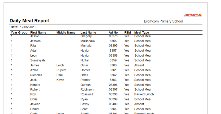 How to view Dinner Reports – Bromcom – Documentation Centre