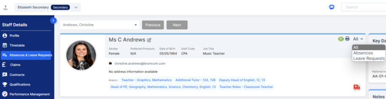 How to locate items in the Staff Profile – Bromcom – Documentation Centre