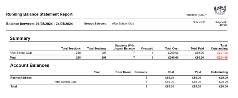 How To Use The Running Balance Statement Report – Bromcom – Documentation Centre