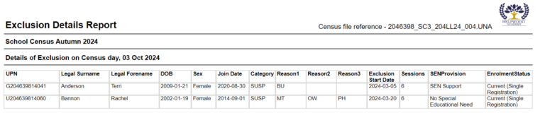 School Census Query 2588 – Bromcom – Documentation Centre