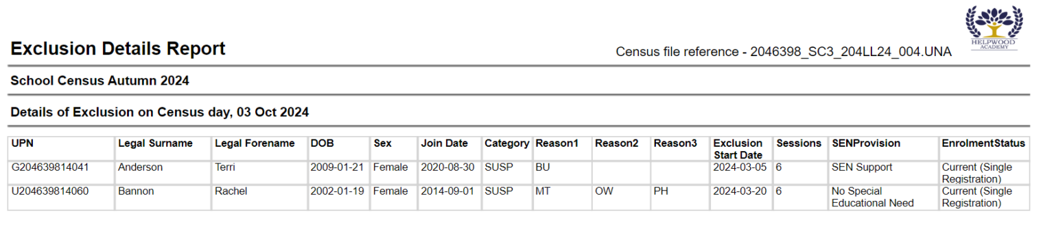 School Census Query 2588 – Bromcom – Documentation Centre