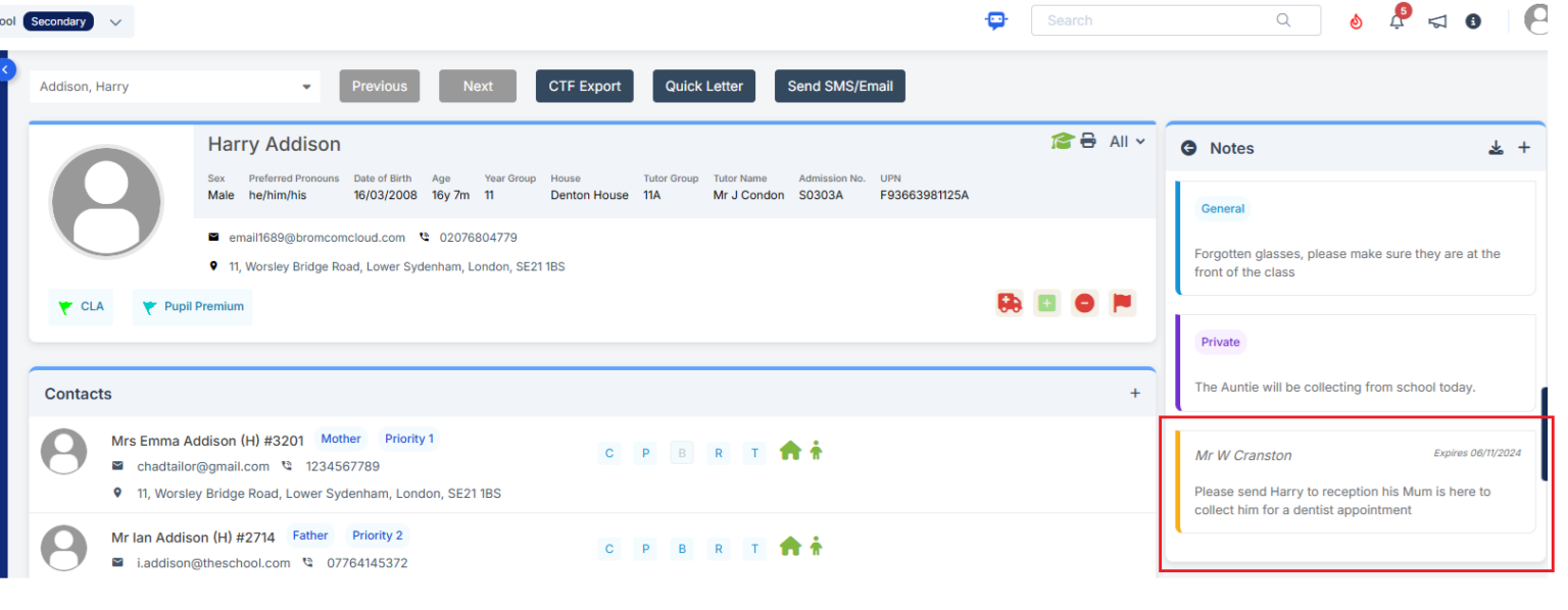 How to use Quick Icons on Student Record – Bromcom – Documentation Centre