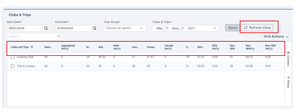 How to run the Clubs & Trips Analysis page – Bromcom – Documentation Centre