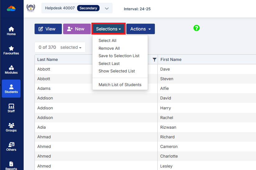 How To Use Selections On The Student List – Bromcom – Documentation Centre