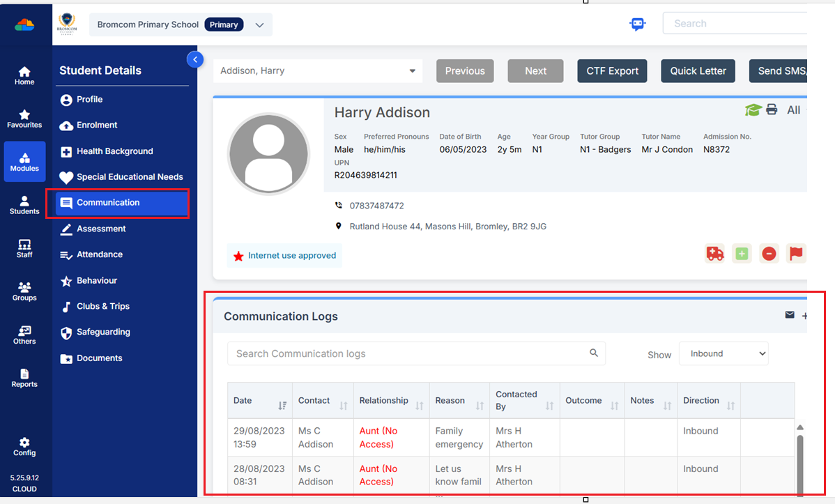 How to use the Communication Log in the Student Profile – Bromcom ...